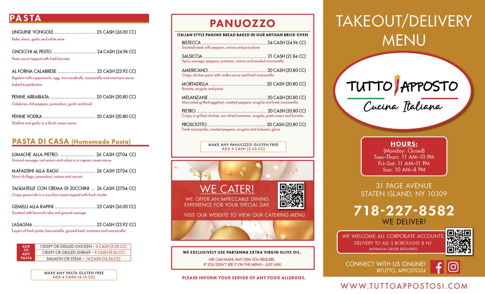 Italian Food Takeout & Delivery Menu - Tutto Apposto Cucina Italiana