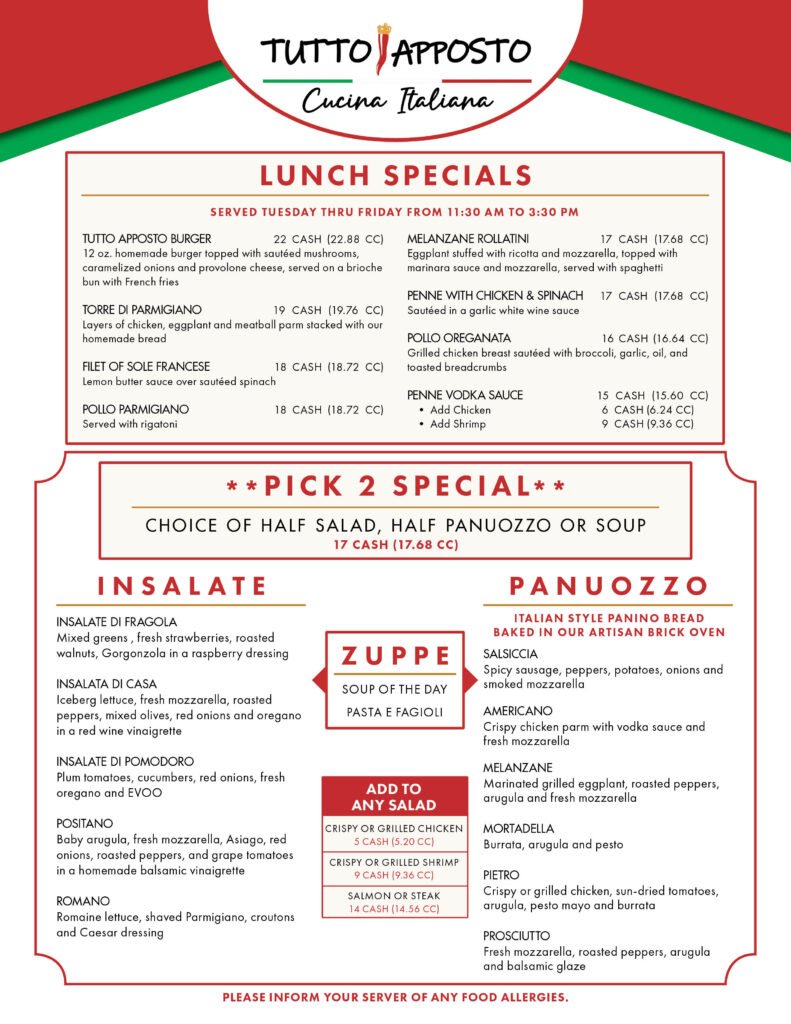 Lunch Menu – Tutto Apposto Cucina Italiana
